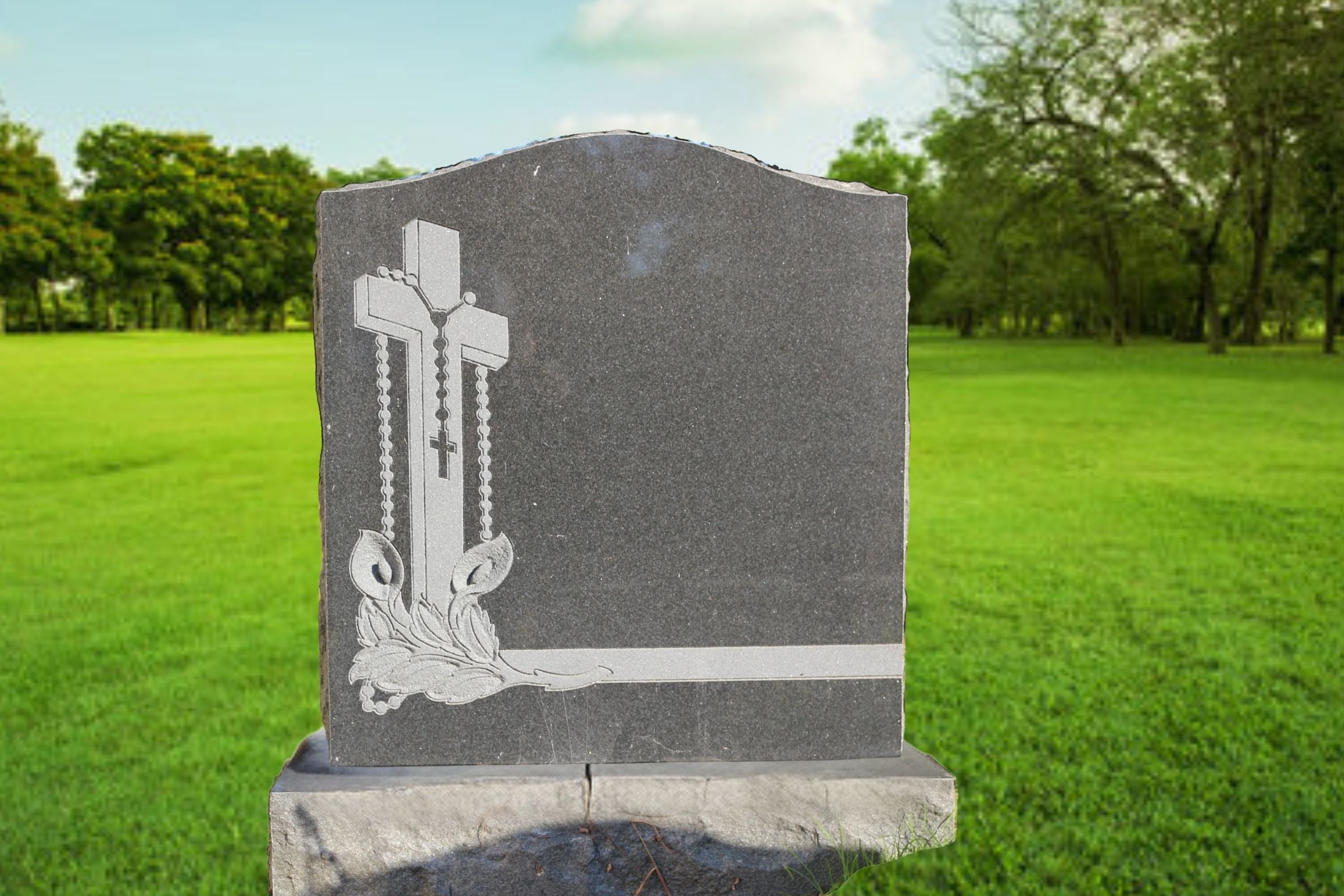 Granite Headstone with Cross, Rosary, and Floral Base Design – Northeast Stonewriters
